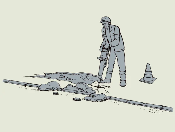 Vector drawing. Roadworks. Construction worker with jackhammer Stock ...