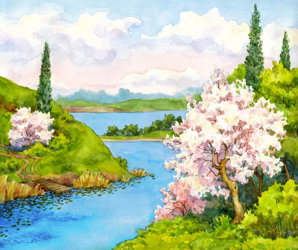 Watercolor spring landscape | Watercolor spring landscape — Stock Photo ...