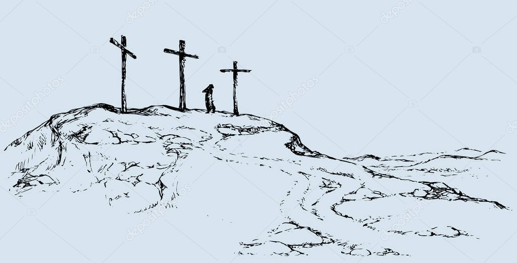 Tres cruces se paran en el fondo del cielo claro 2024