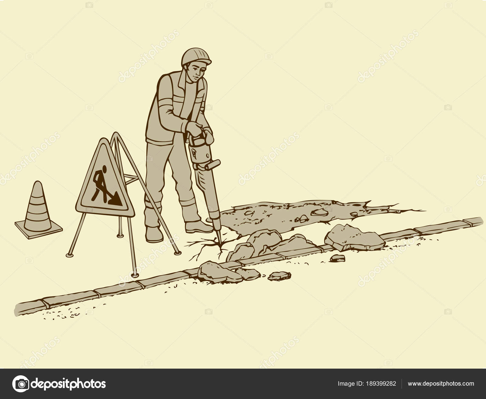 Vector drawing. Roadworks. Construction worker with jackhammer Stock ...