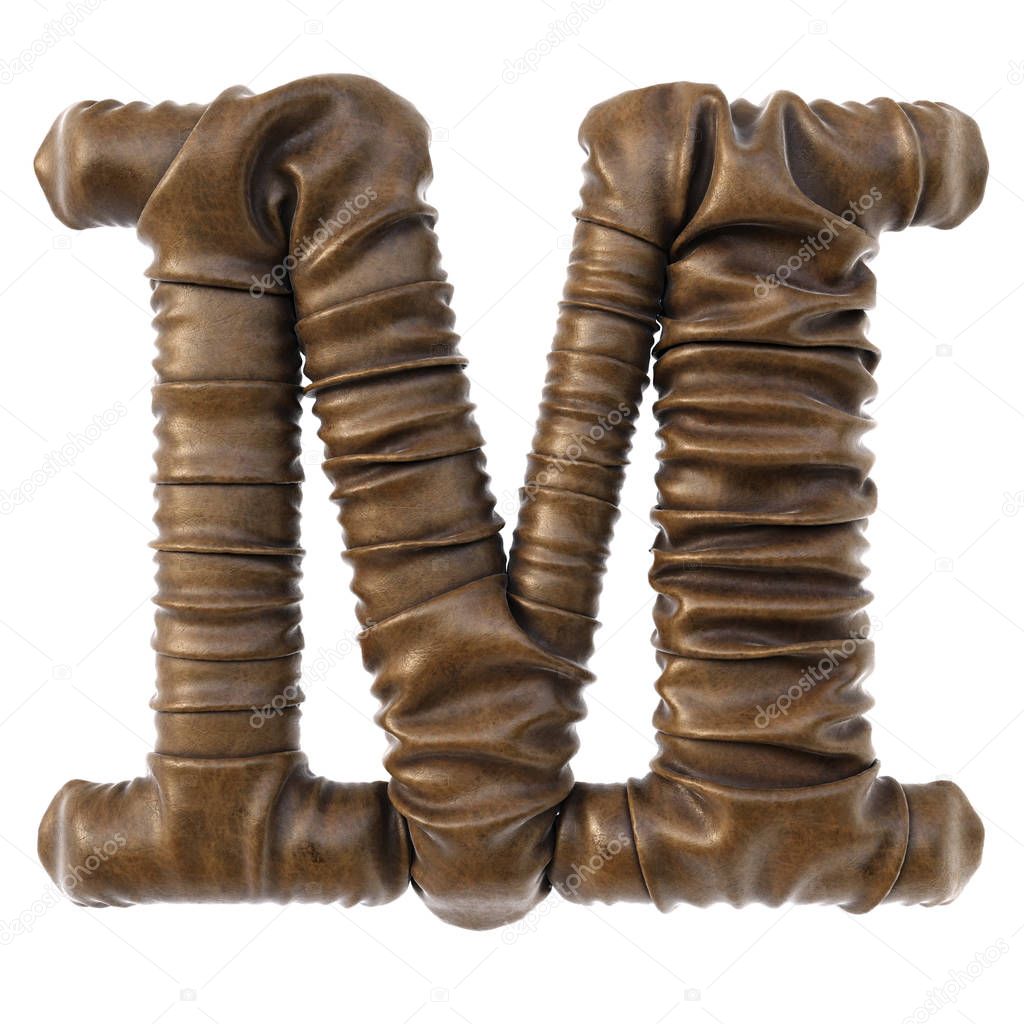 Letra M del alfabeto hecha de cuero marrón con pliegues realistas ...