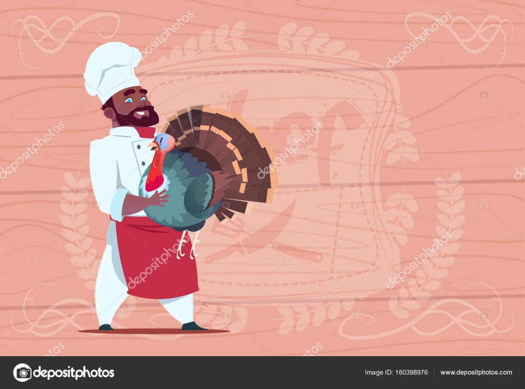 African American Chef Cook Hold Turkey Smiling Cartoon Restaurant Chief ...