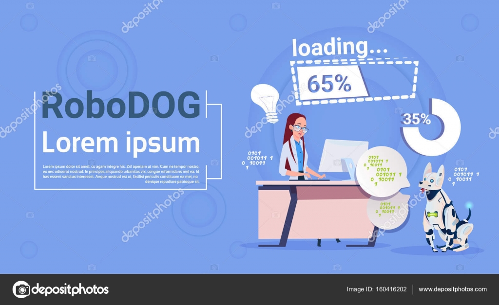 Woman Programmer Coding On Computer Working With Robotic Dog Domestic ...