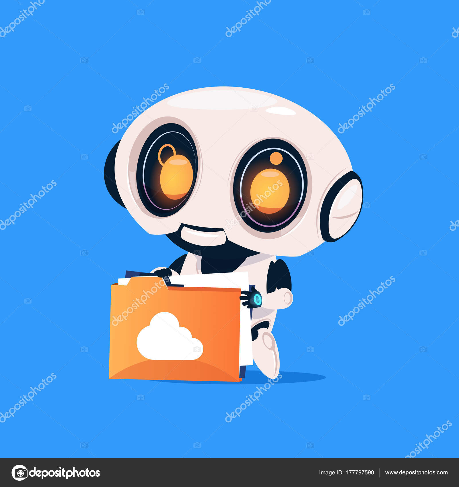 Cute Robot Hold Folder With Cloud Isolated Icon On Blue Background ...