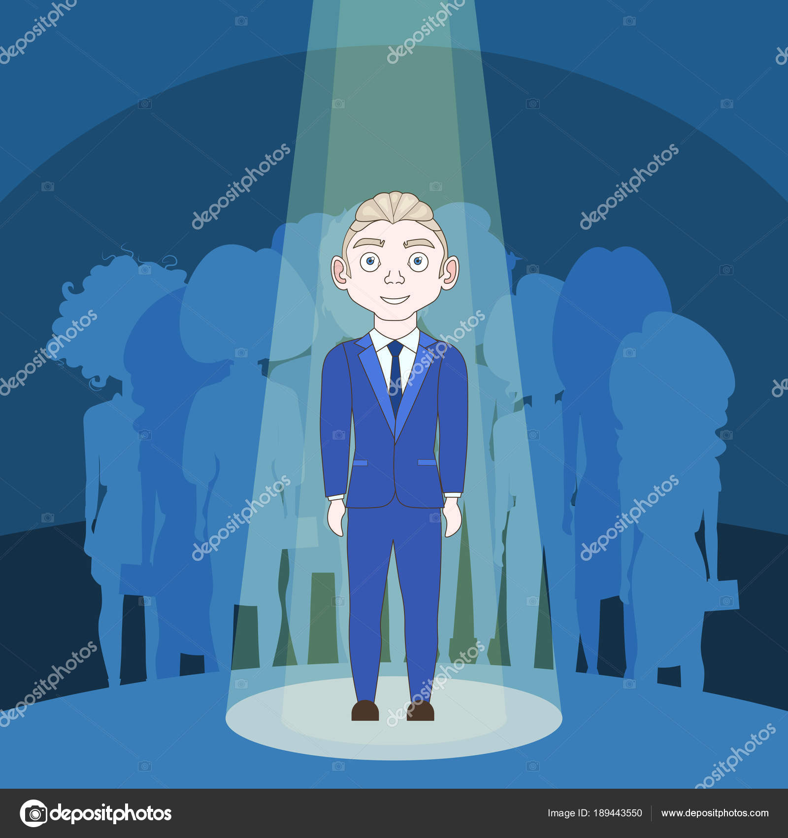 Talented Man In Spotlight Over Silhouette People Background Stock ...
