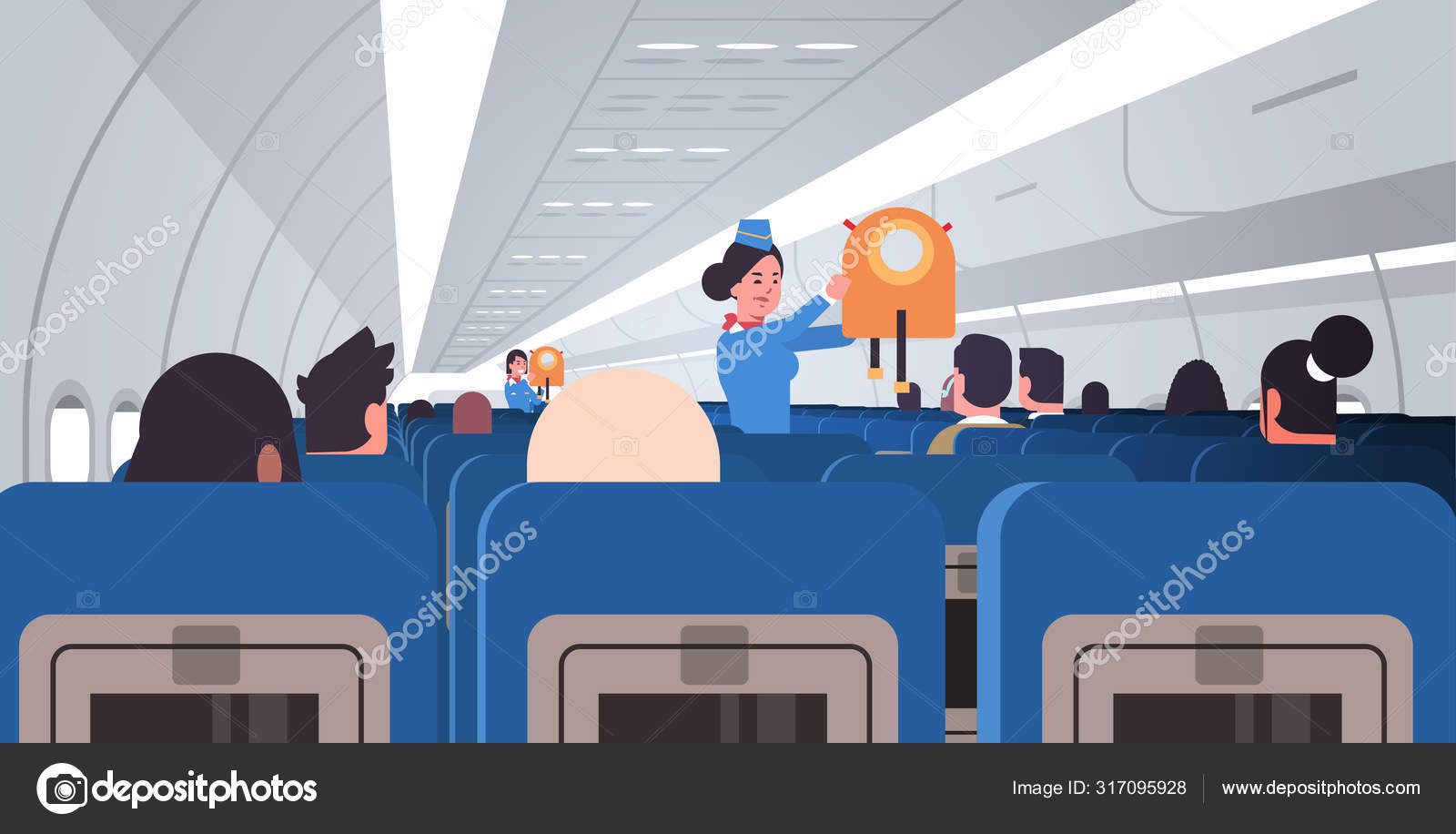 Stewardess flight attendant explaining for passengers how to use jacket ...