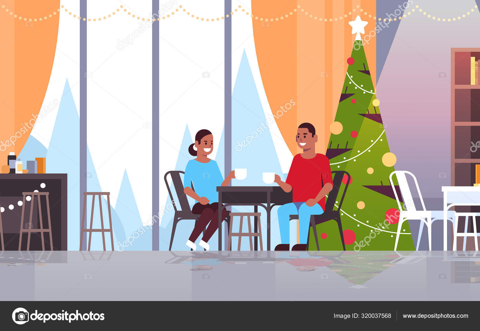 African american couple sitting at cafe table drinking coffee and ...