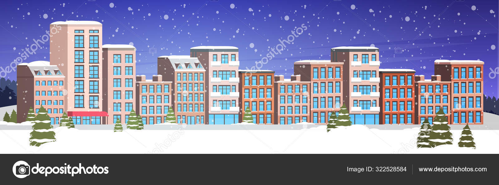 Winter city buildings night snowy town street cityscape snowfall ...