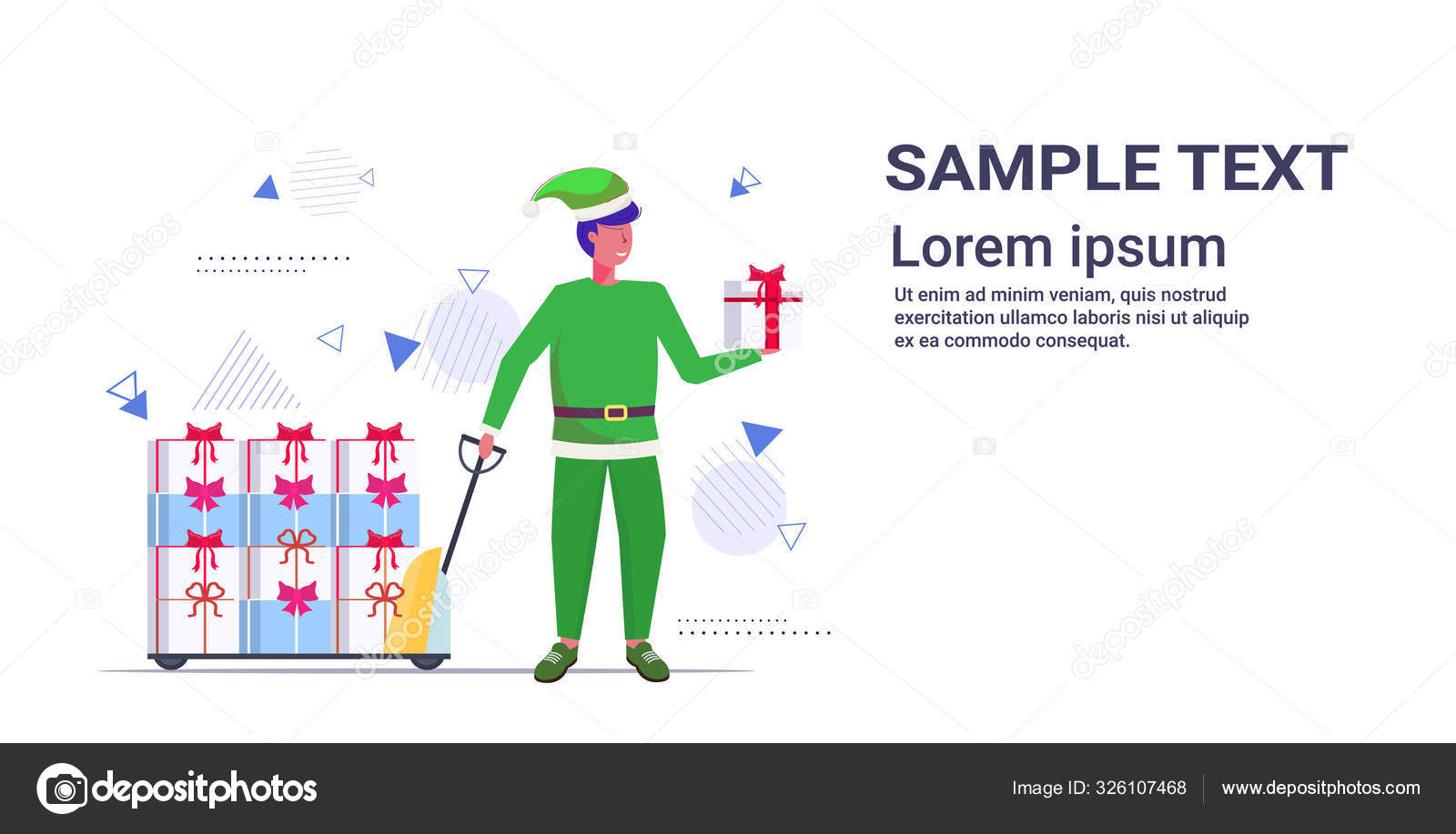 Elf santa helper pulling trolley cart with gift present boxes merry ...