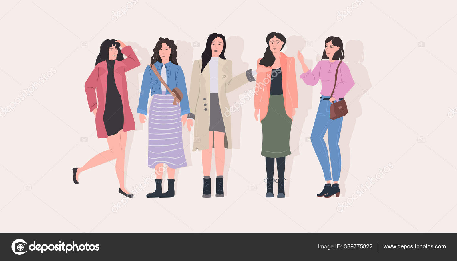 Beautiful women group standing together attractive girls female cartoon ...