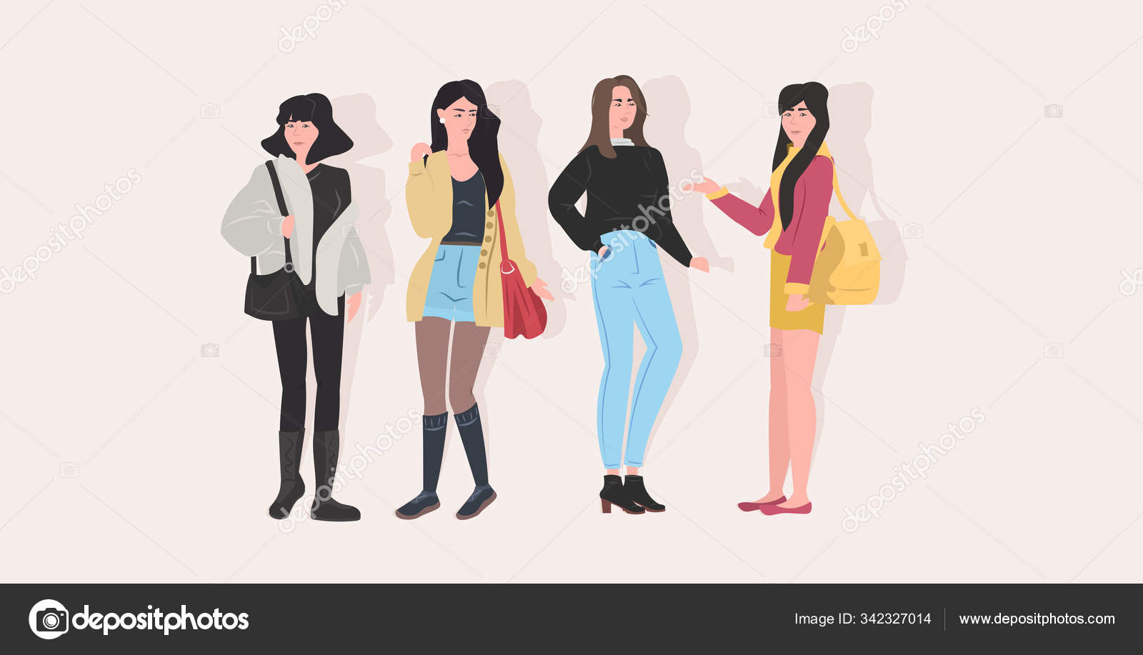 Beautiful women group standing together attractive girls female cartoon ...