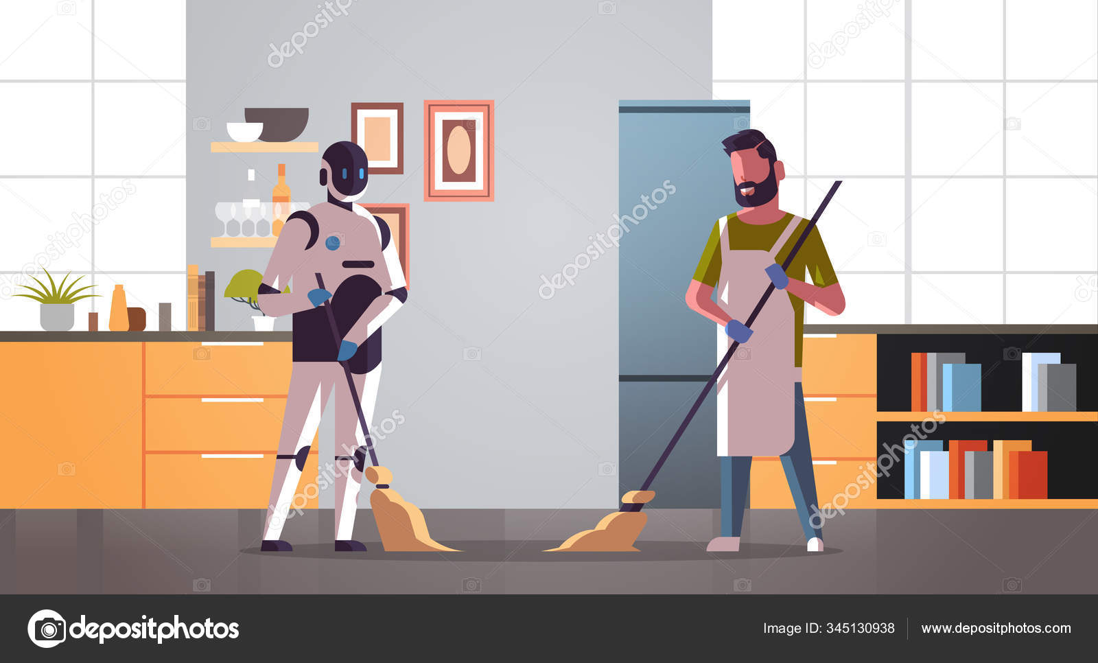 Robotic janitor with man cleaner sweeping and cleaning robot vs human ...