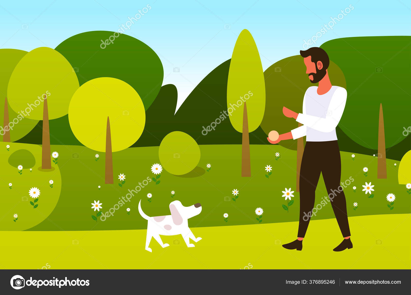 Young man walking with dog outdoors at park guy relaxing with pet ...
