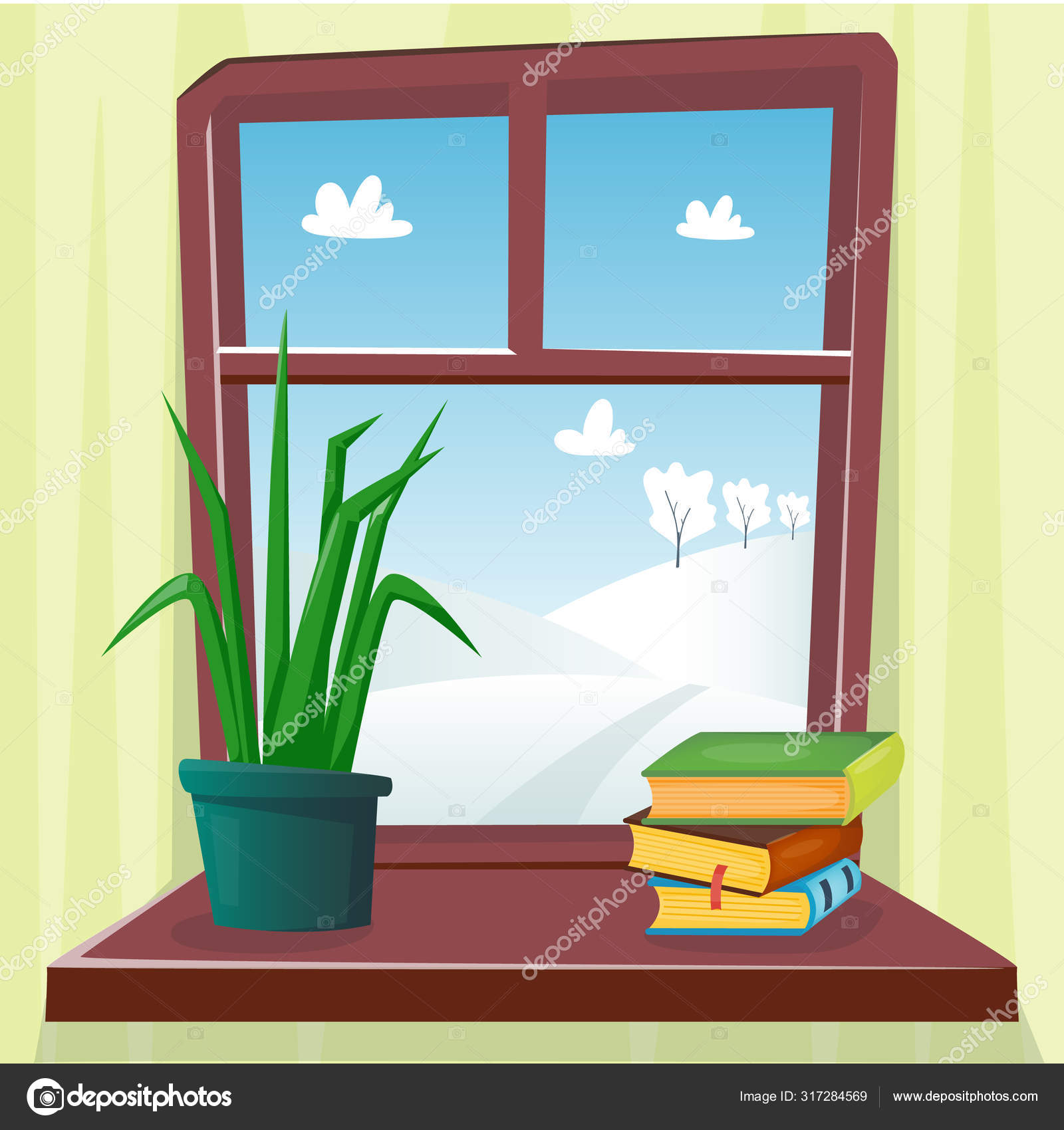 Cozy winter window with beautiful view with trees and snow field. Book ...