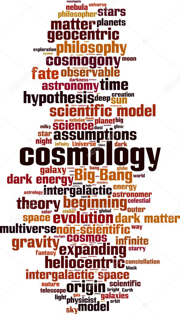 Cosmolog a palabra nube concepto. Collage hecho de palabras sobre ...