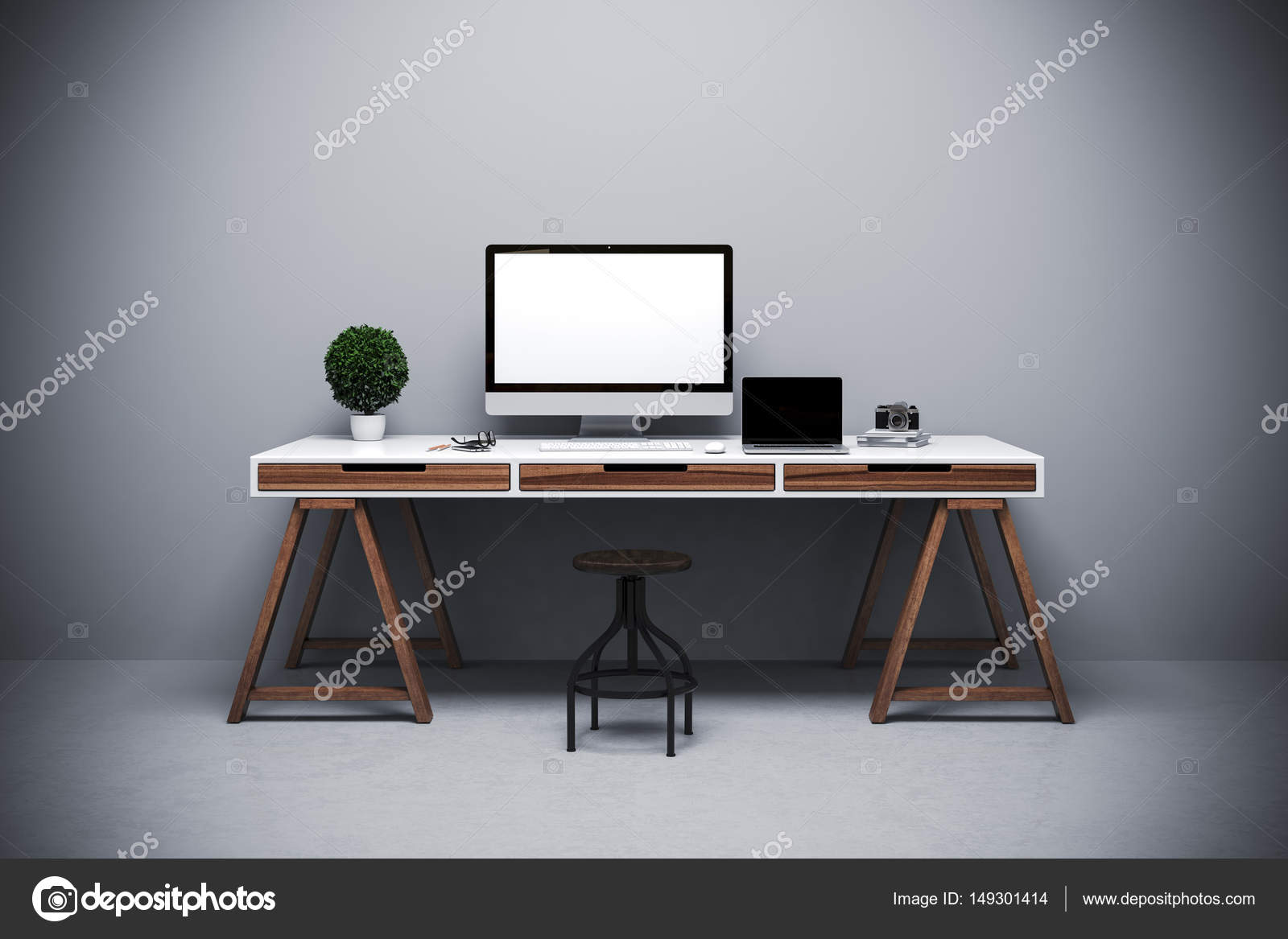 3d render of modern computer workplace setup — Stock Photo ...