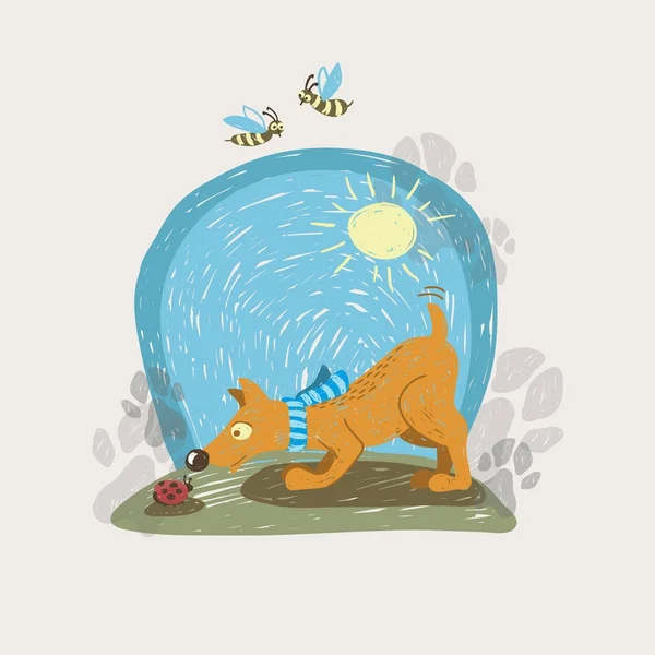 Funny cartoon dog sit under the tree in winter outdoor — Stock Vector ...