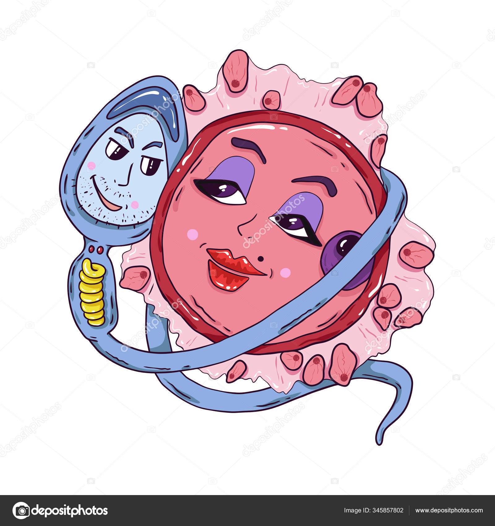 Espermatozóide bonito dos desenhos animados e óvulo, isolado no fundo ...