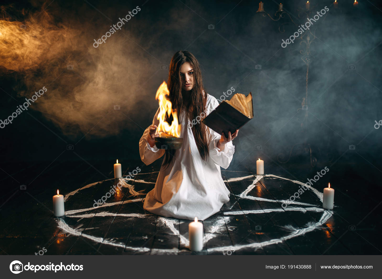 Young Woman White Shirt Sitting Center Pentagram Circle Candles Reading ...
