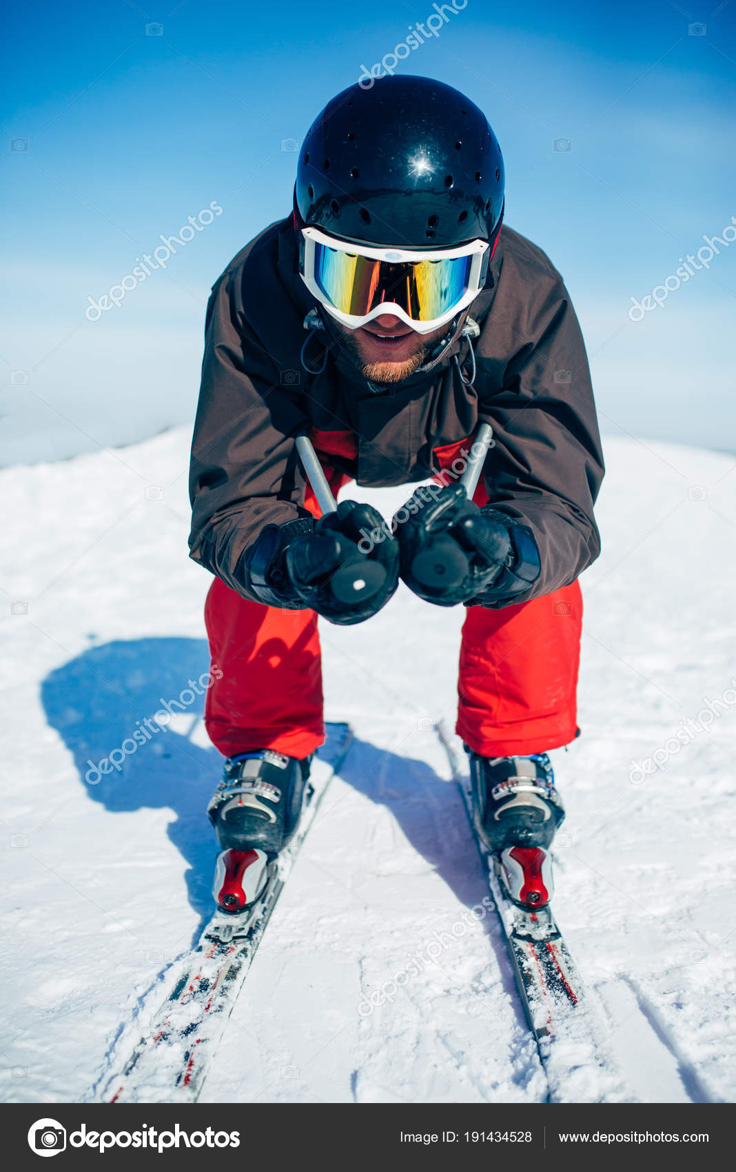 Male Skier Top Mountain Blue Sky Forest Snowy Mountains Background ...