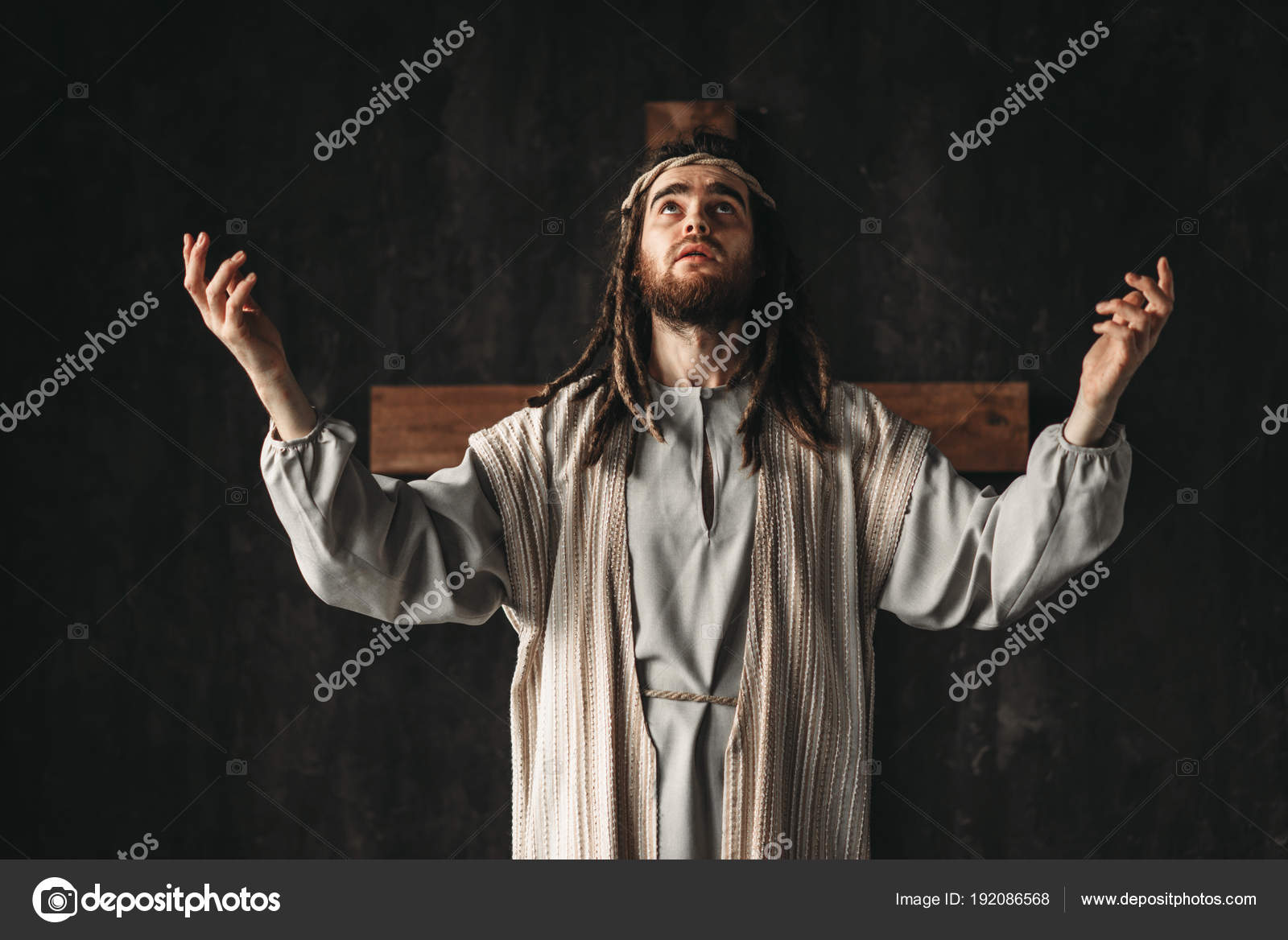 Jesus Christ White Robe Emotionally Prays His Hands Dark Background ...