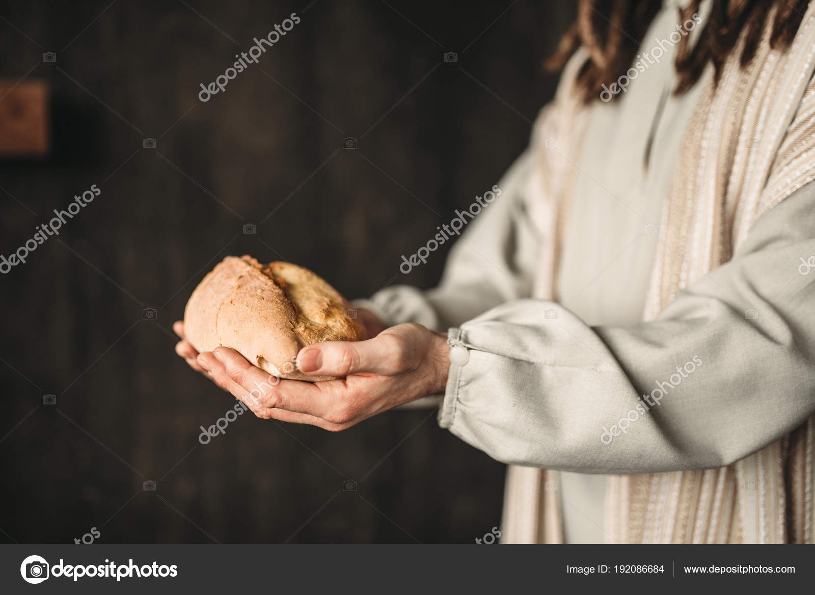 Jesus Christ Bread Hands Sacred Food Crucifixion Cross Background Stock ...