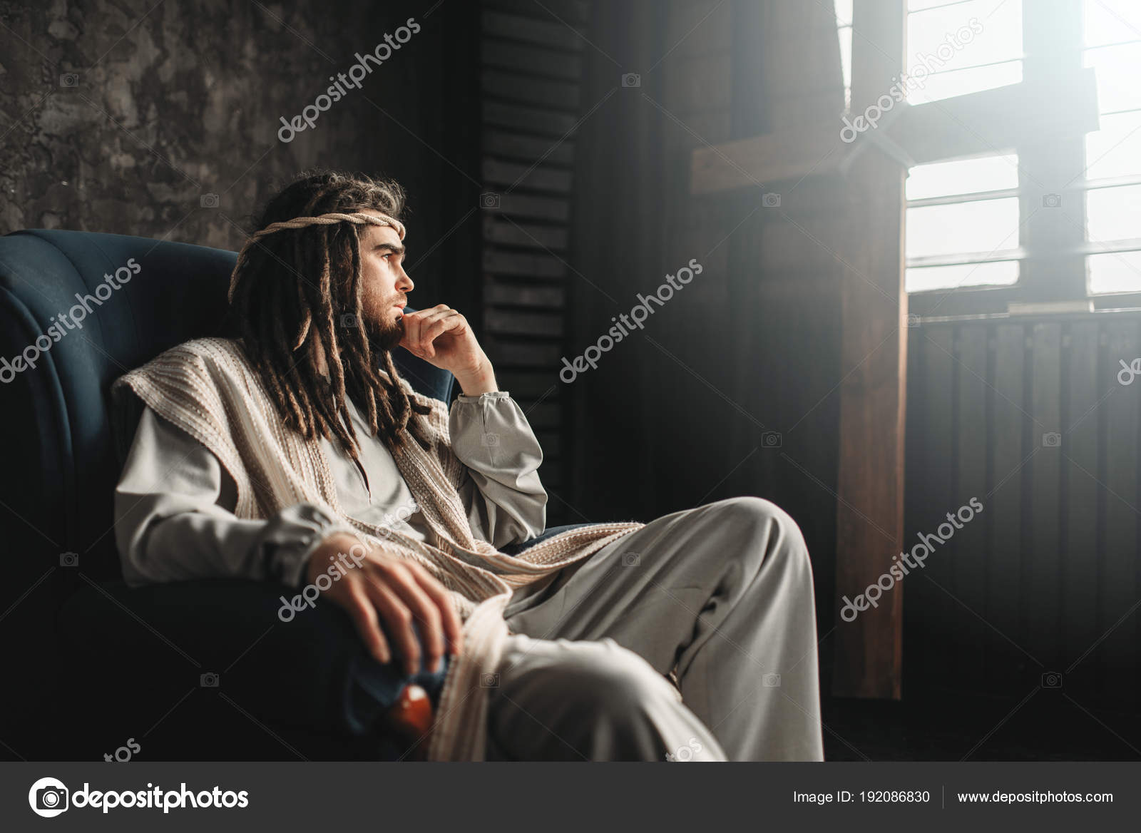 Thoughtful Jesus Christ Sitting Chair Window Crucifixion Cross Hard ...