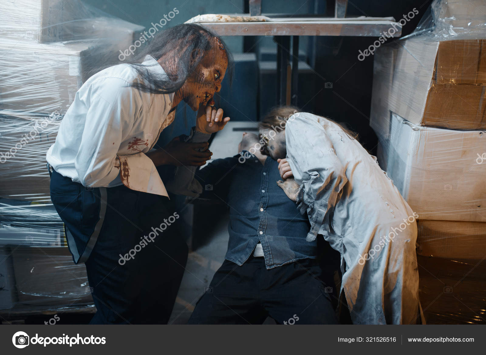 Two Zombies Bites Man Death Trap Deadly Chase Horror City — Stock Photo ...