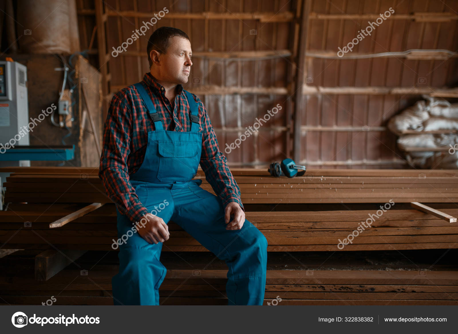 Joiner Uniform His Workplace Timber Mill Woodworking Machine Background ...