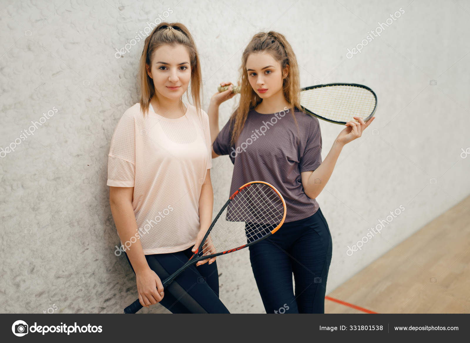 Two Female Players Poses Squash Rackets Court Girls Game Training Stock ...