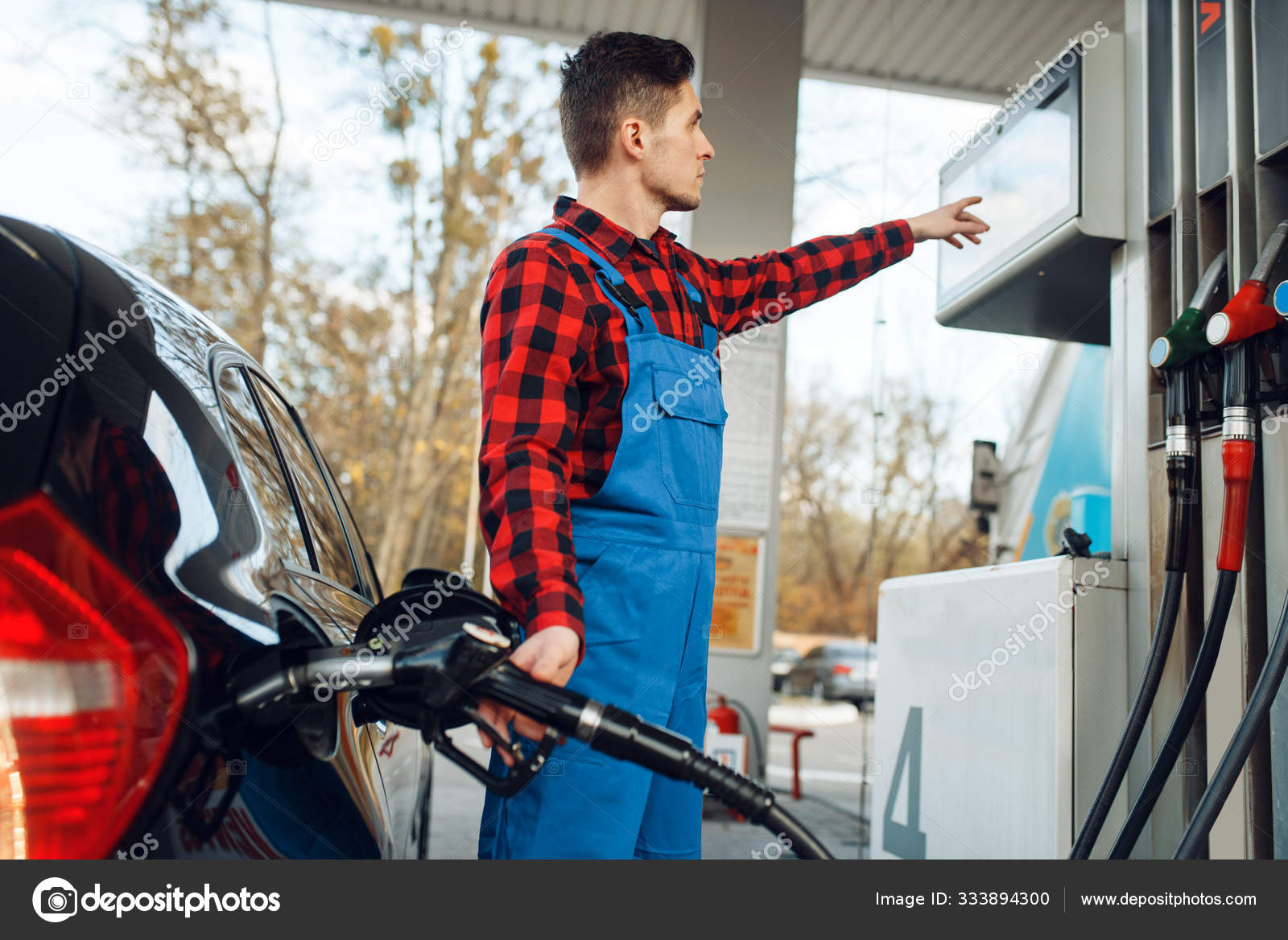 Male Worker Uniform Fuels Car Gas Station Fuel Filling Petrol Stock ...