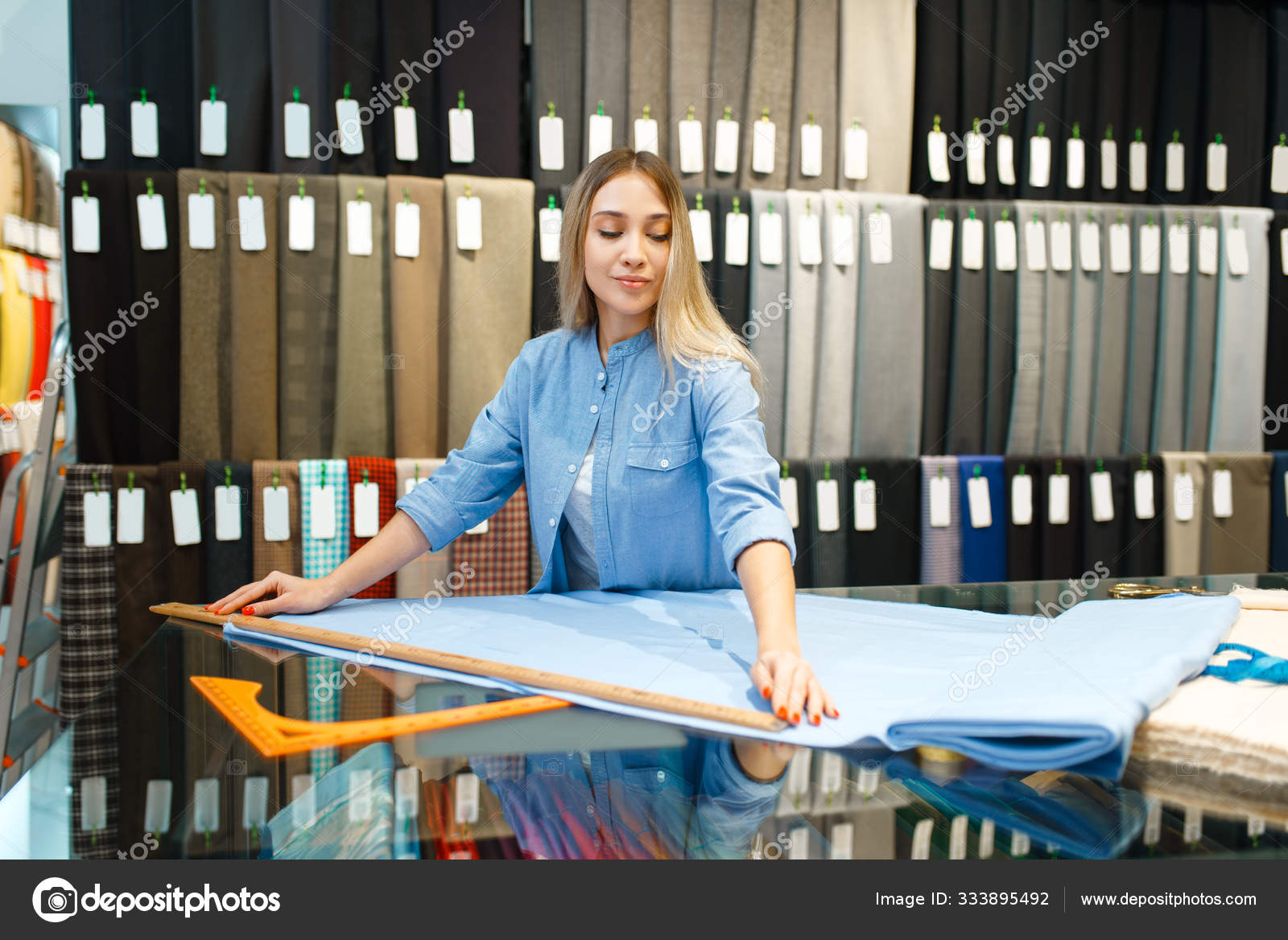 Woman Measures Fabric Textile Store Shelf Cloth Sewing Background ...
