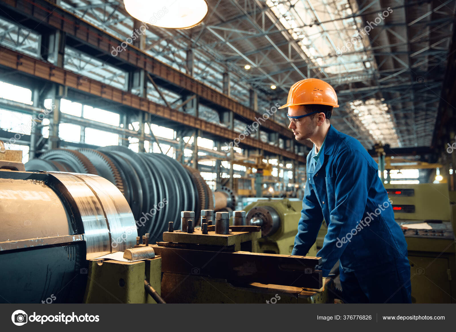 Male Worker Uniform Helmet Checks Turning Lathe Plant Industrial ...