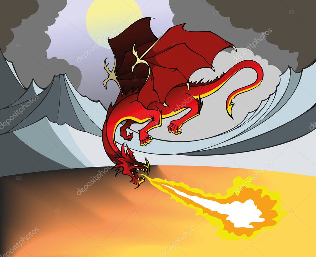 Fire Breathing Dragon Clipart Cartoon Dragon Spitting Fire. Vector