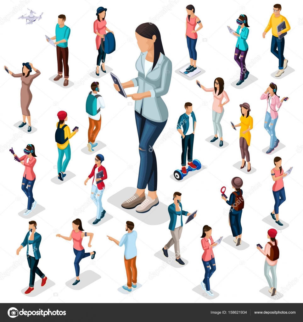 Trendy Isometric people and gadgets, 3D teenagers, students, large ...