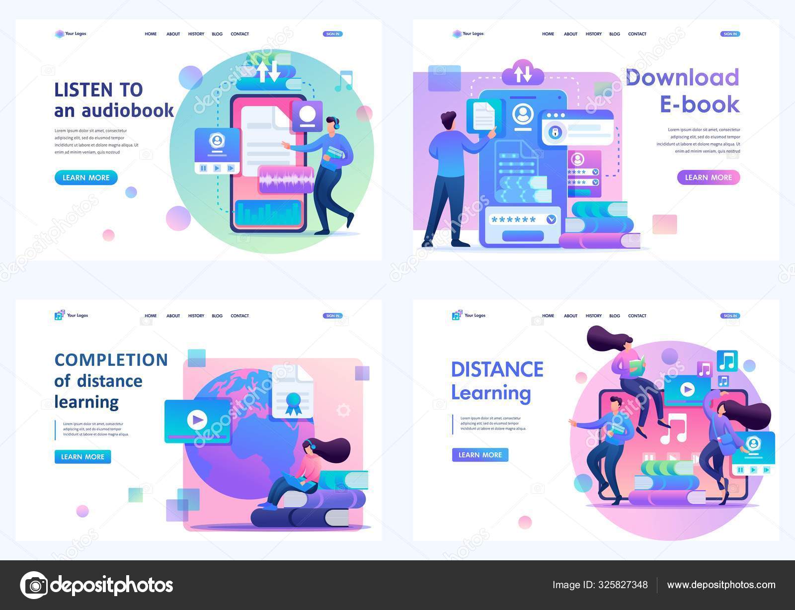 Set 2D Flat concepts distance learning and self-education young people ...