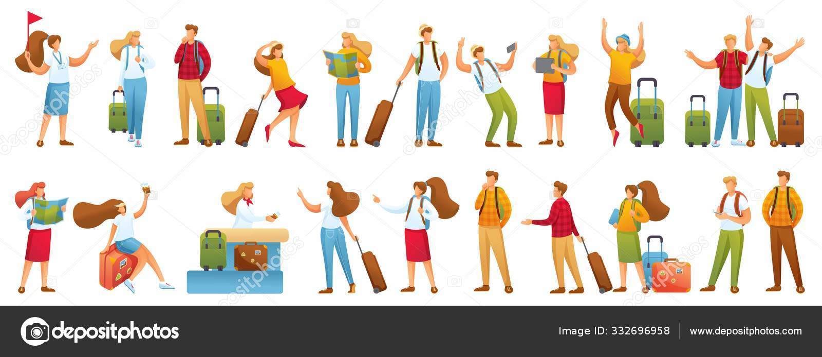 Large set of 2D characters, tourists on vacation, at the airport, on ...