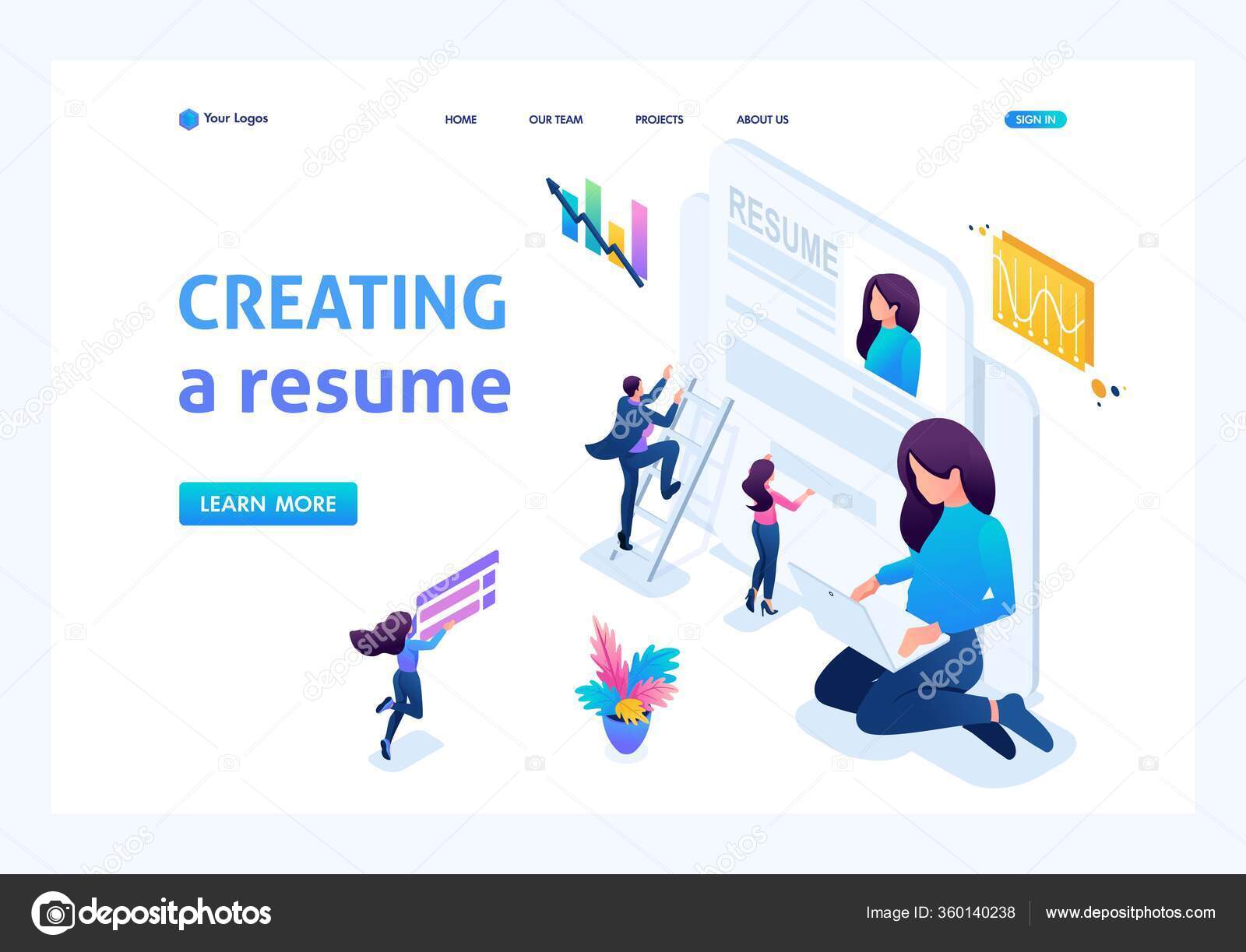 Isometric girl makes a resume, aspirant, job seeker concept, bright ...