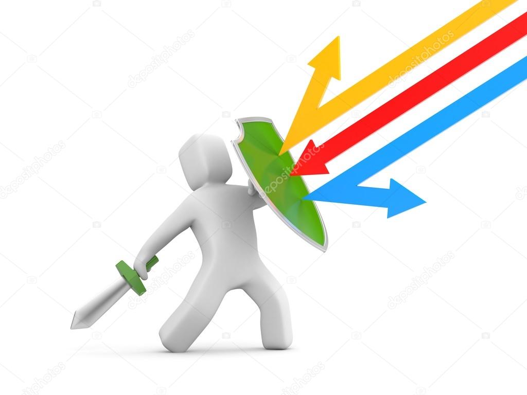 Defender with shield and sword - reflects attack — Stock Photo ...