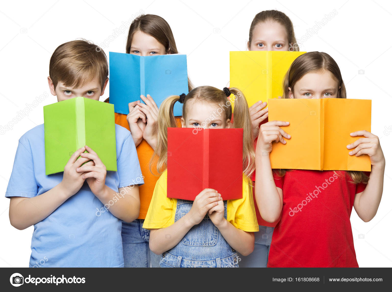 Children Reading Open Books, School Kids Group Eyes behind Blank Covers ...