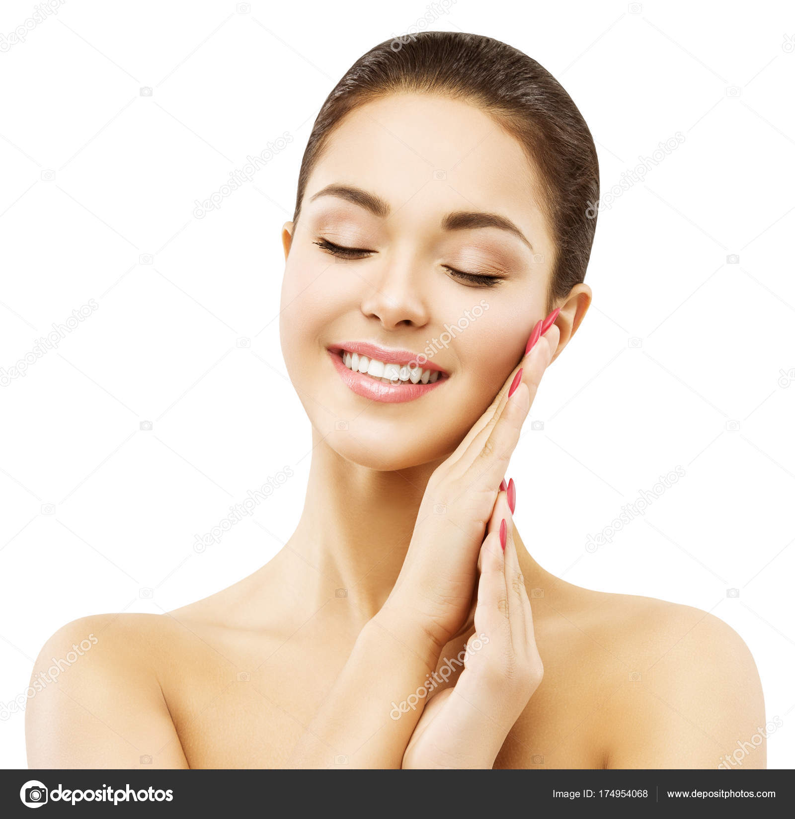 Woman Face Skin Care Happy Smiling Model Beauty Makeup Eyes Closed