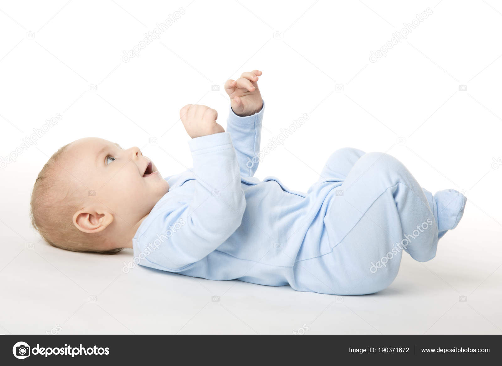 Baby Lying on Back, Happy Infant Kid Dressed in Blue Bodysuit, Child on ...