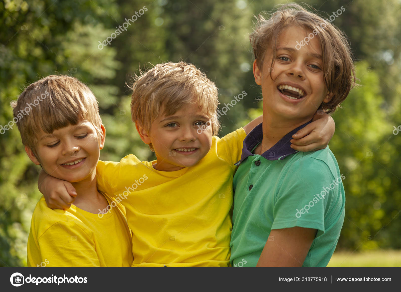 Two Happy Boys Hugging Little Brother Children Having Fun Nature ...