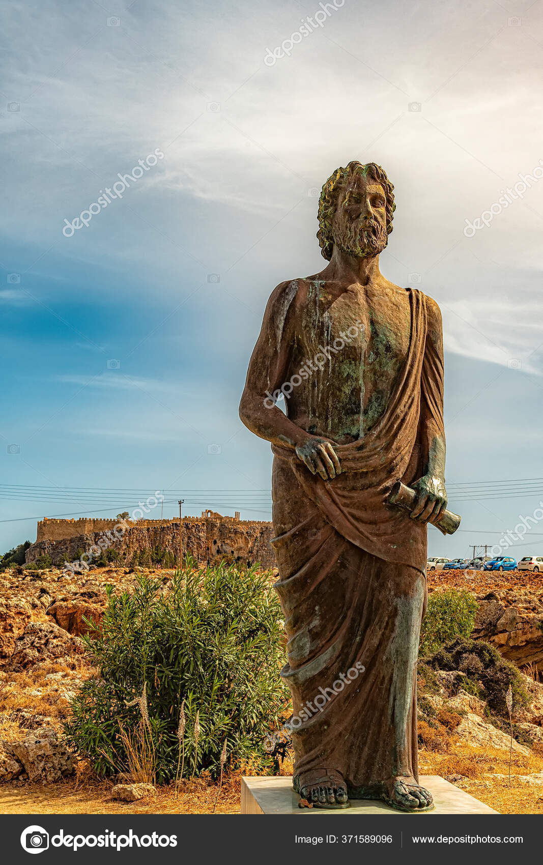 Statue Stands Front Temple Complex Acropolis Lindos Greek Island Rhodes ...