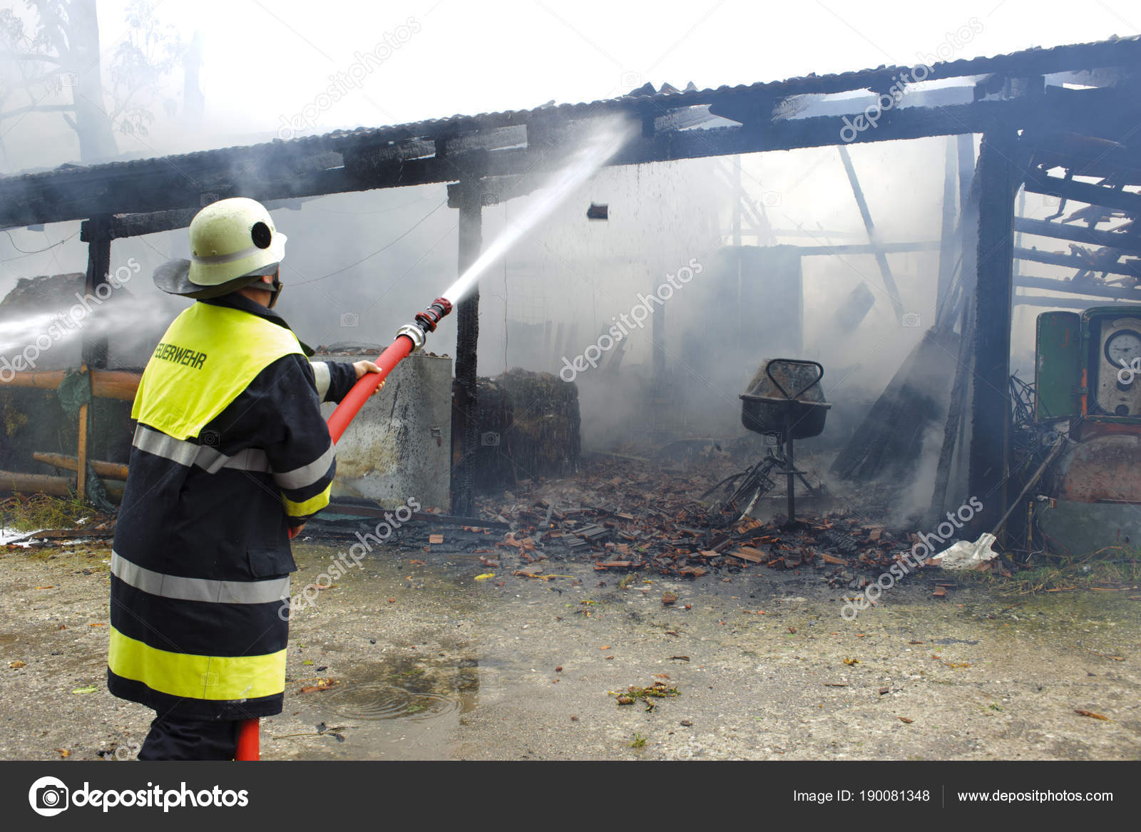 Fire brigade in action at burning farm house in Bavaria, Germany ...