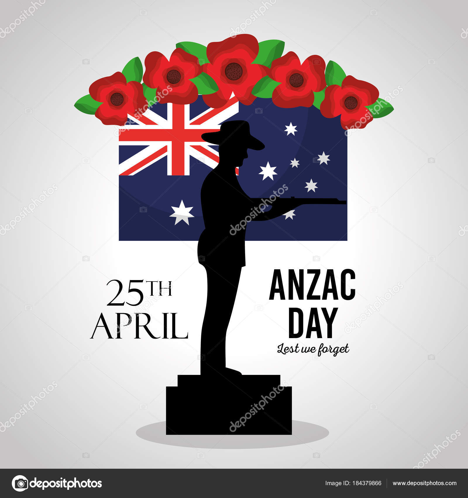 Anzac day lest we forget poster soldier in podium flag anniversary ...