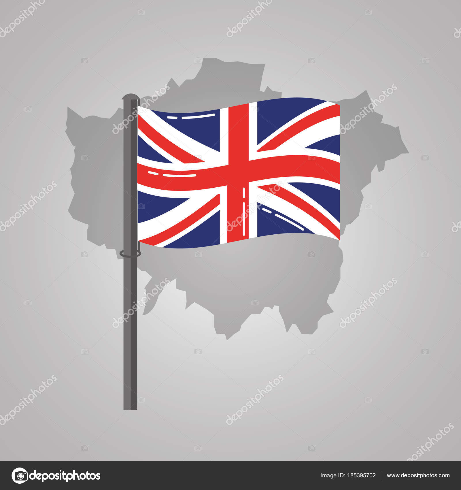 London map and great britain flag on a silver metallic pole Stock ...