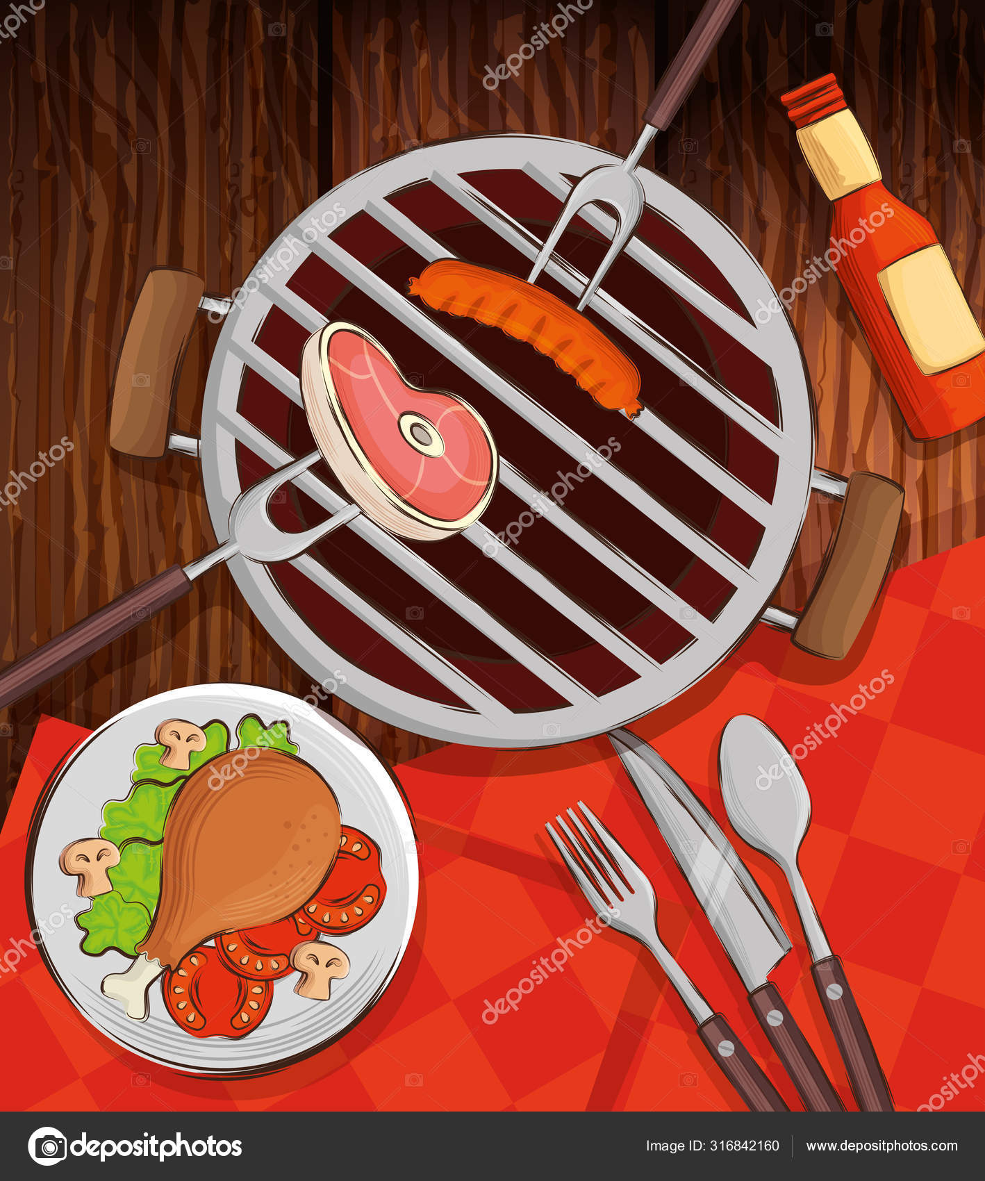 Grill menu with oven and delicious food in wooden background Stock ...