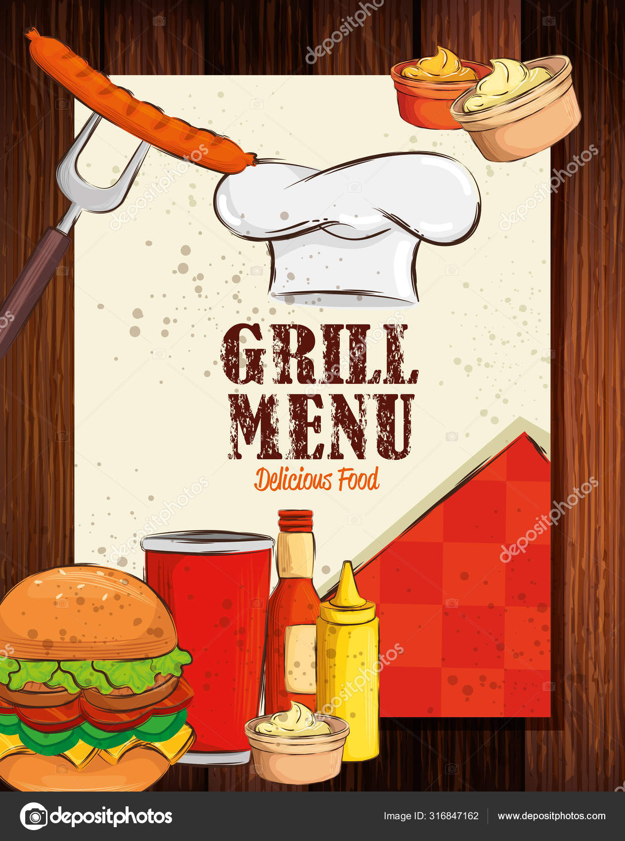 Grill menu with hat chef and delicious food in wooden background Stock ...