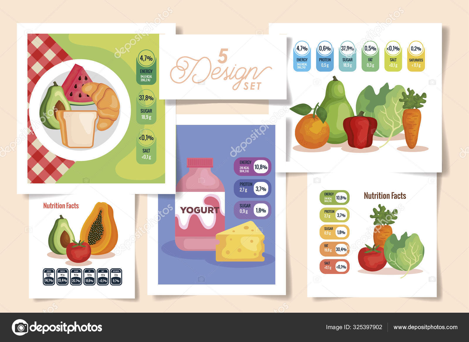 Set five designs of nutrition facts with healthy food Stock Vector ...